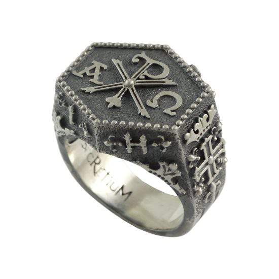 Knight Templar Chi Rho Silver Alfa Omega Men Ring Cross of Constantine ...