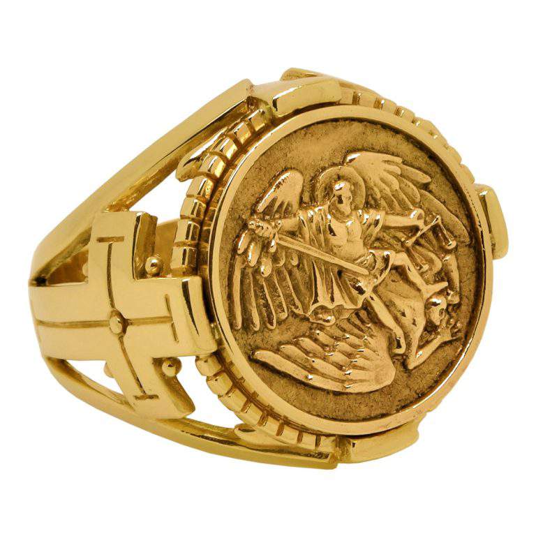Saint Michael the Archangel Solid Gold 10K mens Ring Handcrafted ...