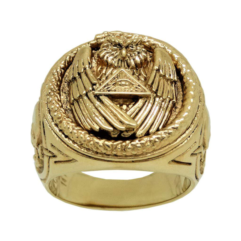 Gold Man 14K All Seeing Eye Pyramid Illuminati Owl Skull Biker Ring ...