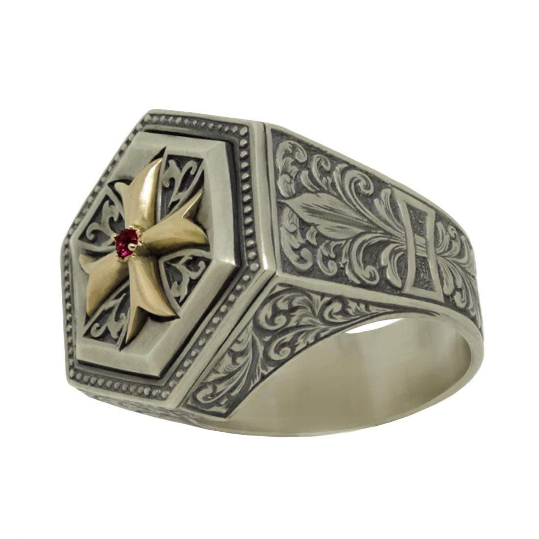 Hand Engraved Ruby 10K Gold and Sterling Silver 925 Maltese Cross ...