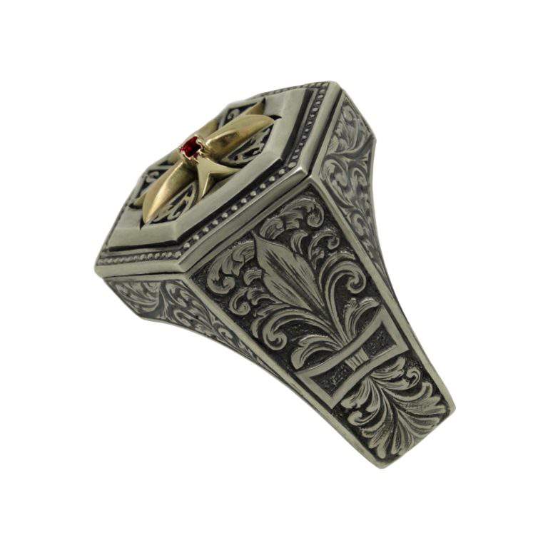 Hand Engraved Ruby 10K Gold and Sterling Silver 925 Maltese Cross ...