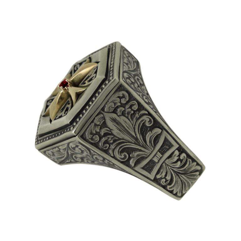 Hand Engraved Ruby 10K Gold and Sterling Silver 925 Maltese Cross ...