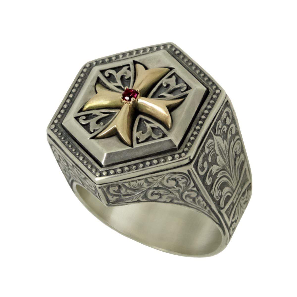 Hand Engraved Ruby 10K Gold and Sterling Silver 925 Maltese Cross ...
