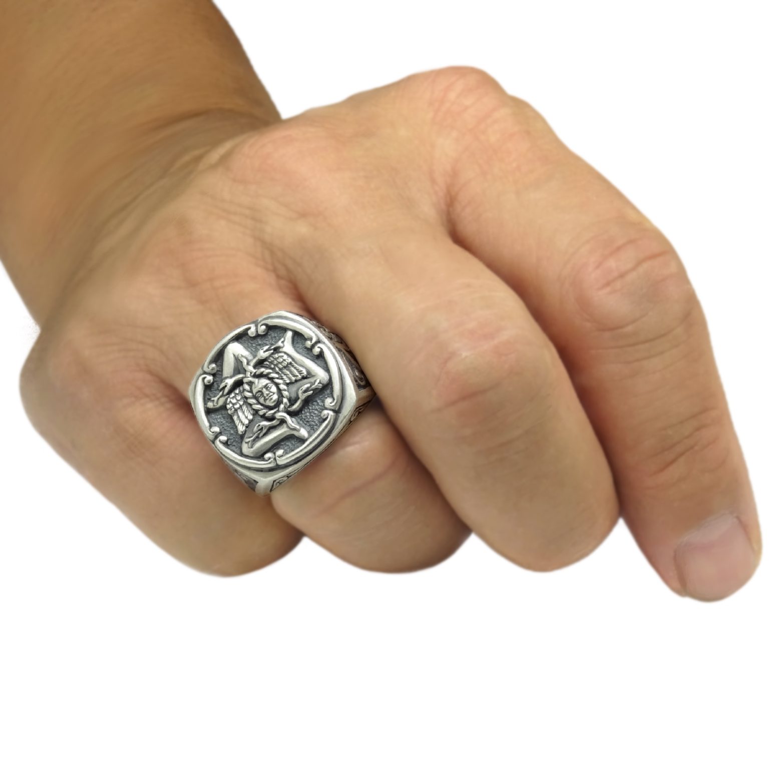 THE Medusa Triskelion Sicilian TRINACRIA STERLING SILVER 925 MENS RING ...