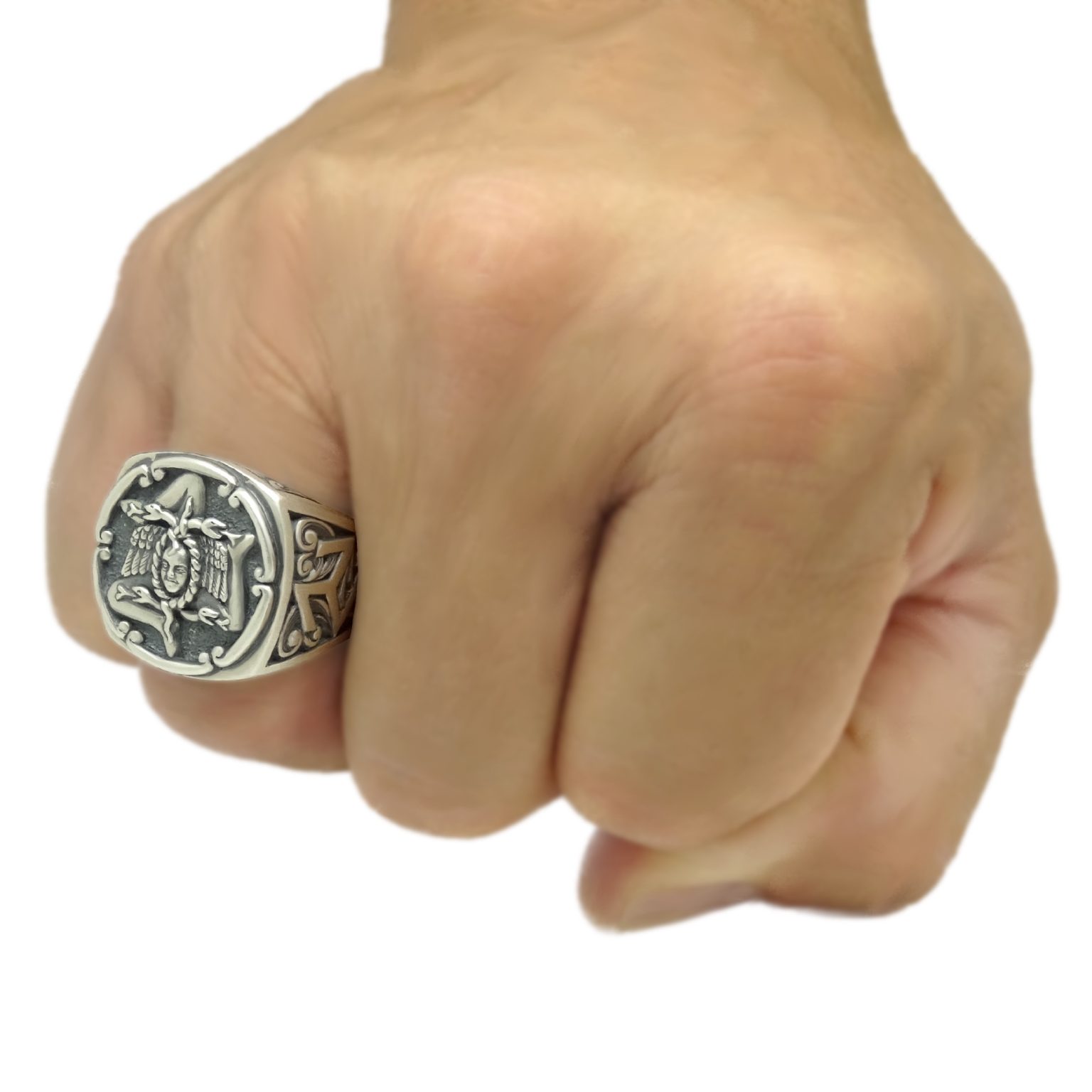 THE Medusa Triskelion Sicilian TRINACRIA STERLING SILVER 925 MENS RING ...